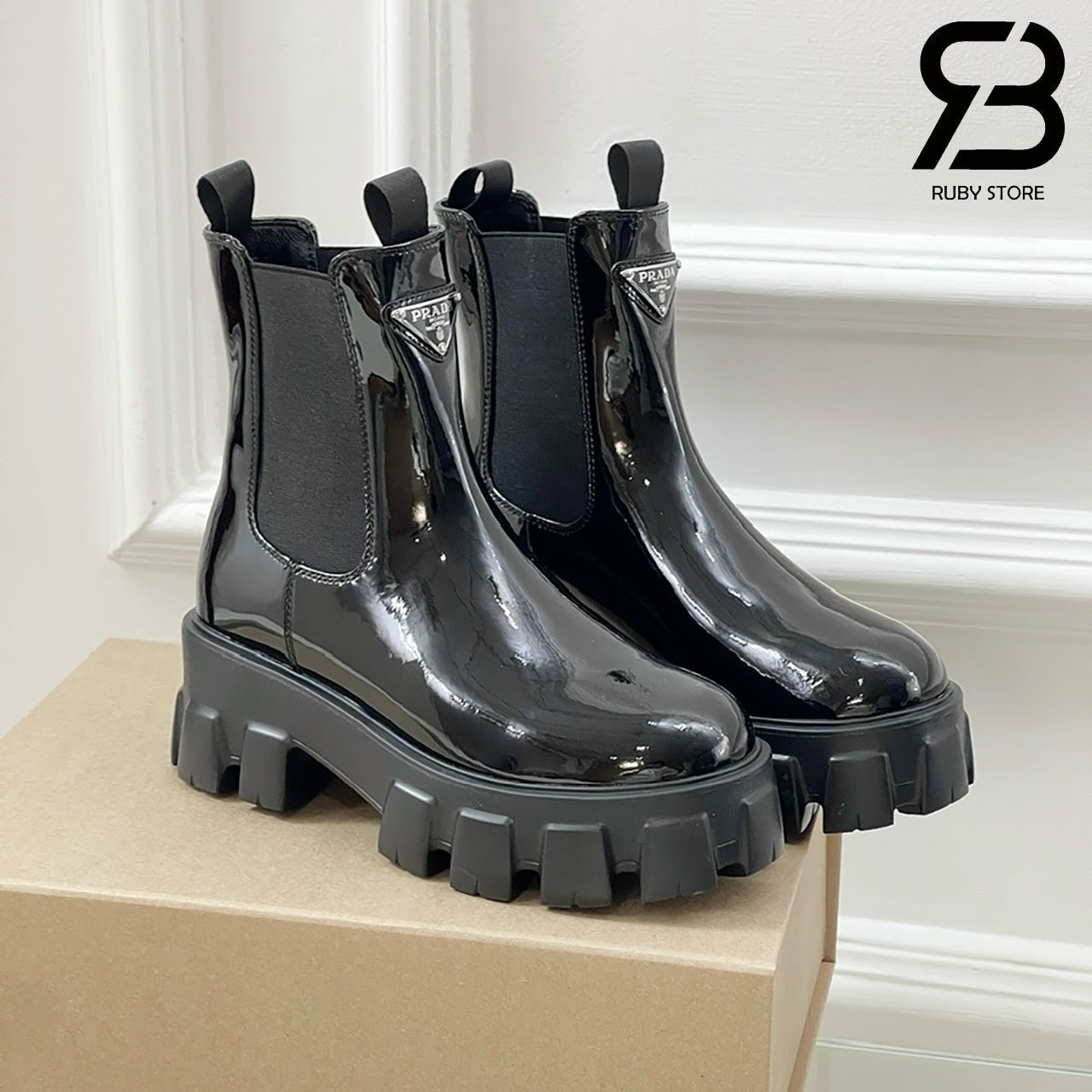 Giày Chelsea Boots Prada Monolith Brushed Black Leather Màu Đen Bóng